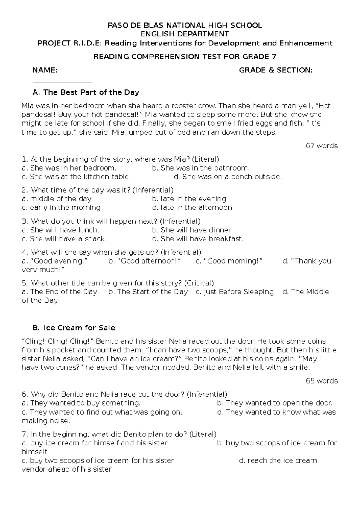 DAY 1- Reading Comprehension- Grade-7 - PASO DE BLAS NATIONAL HIGH ...