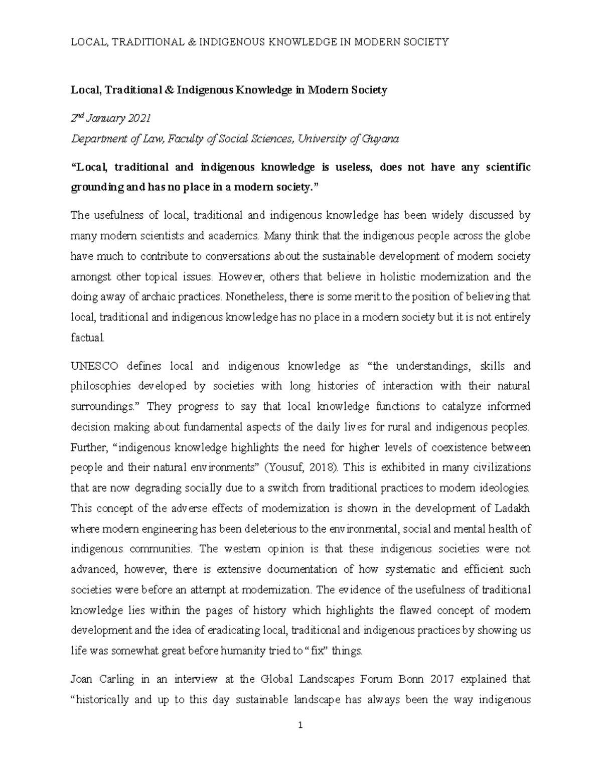 SMT 101 Short Paper 1: Insights on Indigenous Knowledge in Modern ...