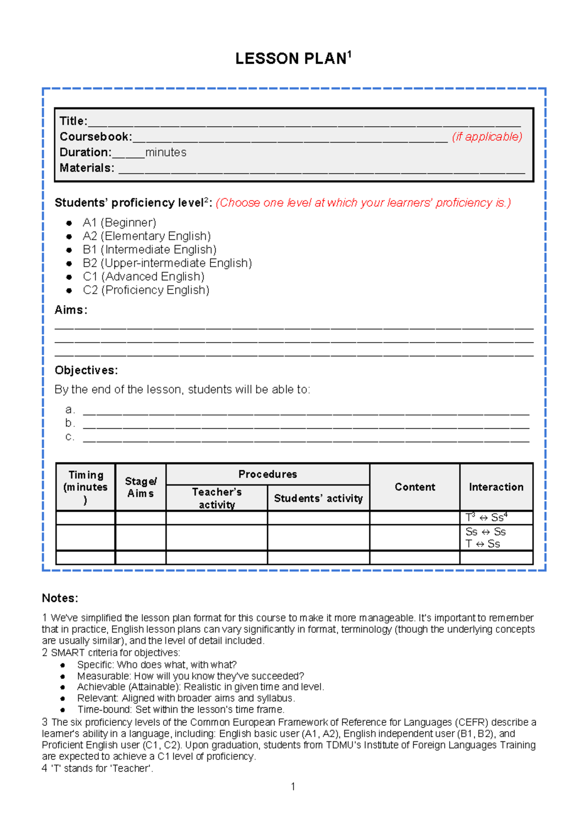 Lesson Plan Template for English Proficiency Levels (A1-C2) - Studocu