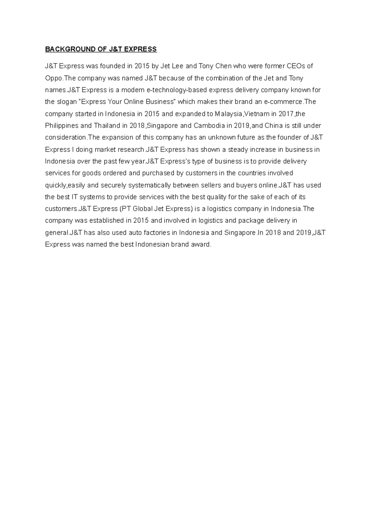 Background of J&T Express: Company Overview and Expansion - Studocu