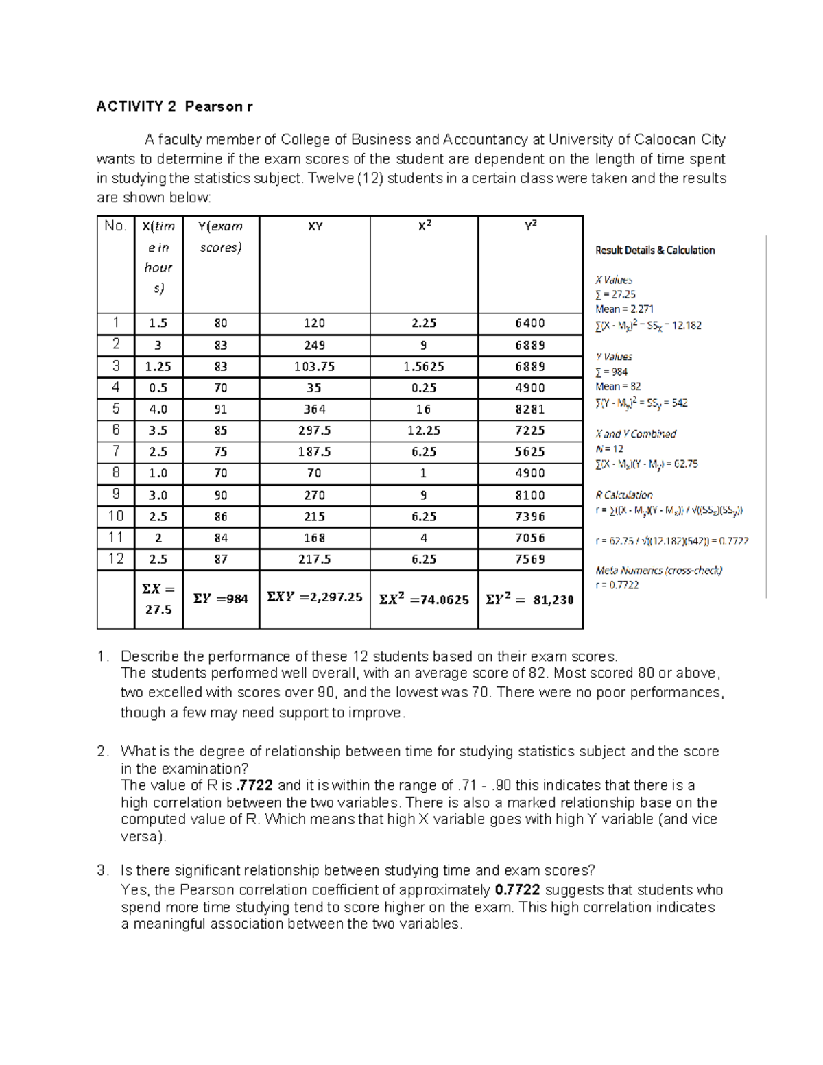 ACTIVITY 2: Pearson r Analysis of Study Time vs Exam Scores - Studocu