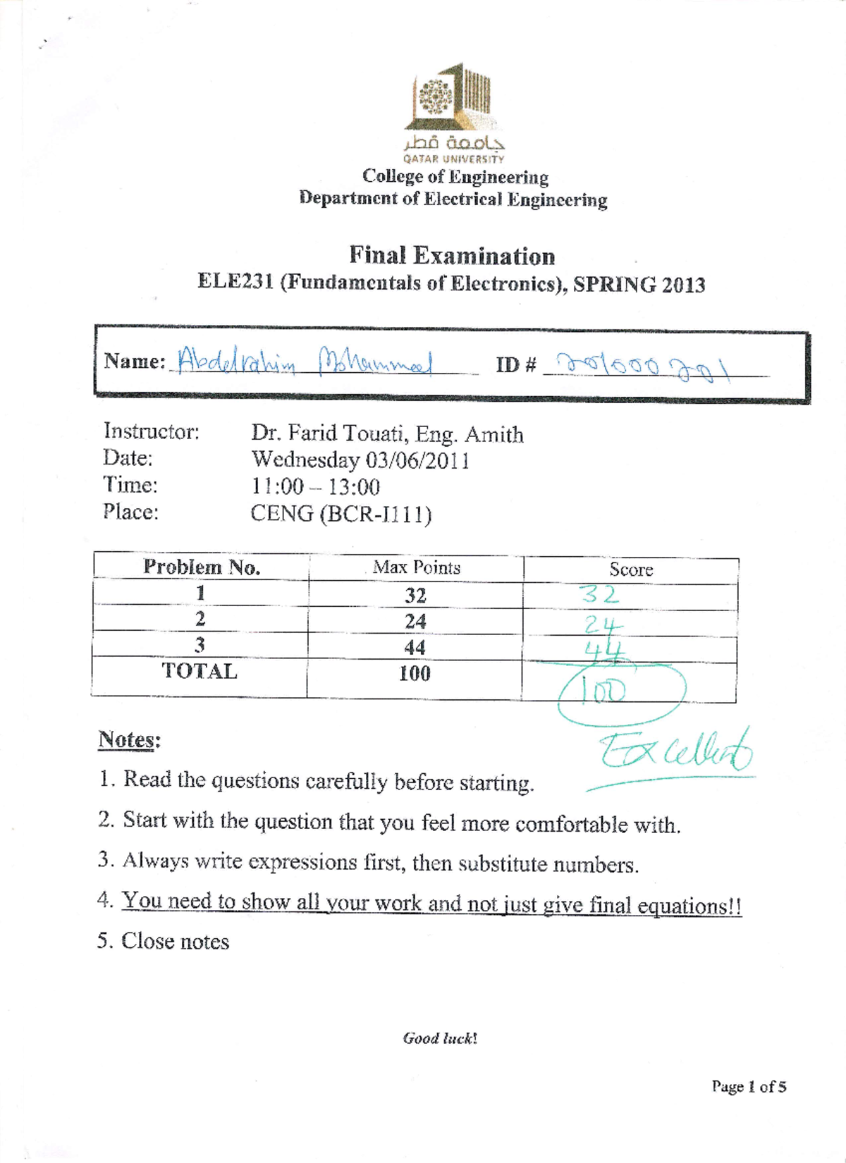 Final Exam - 2013 - ,bo ãools QATAR UNIVERSITY College of Engineering Department of Electrical ...