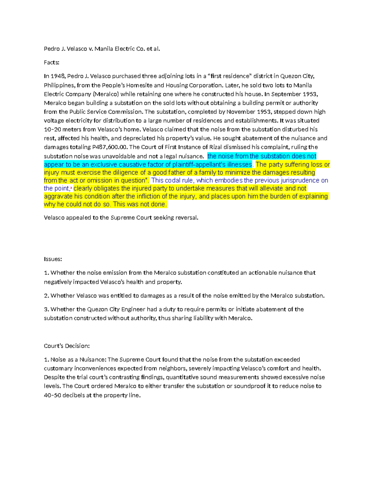 Velasco v. Meralco: Supreme Court Ruling on Nuisance & Damages - Studocu