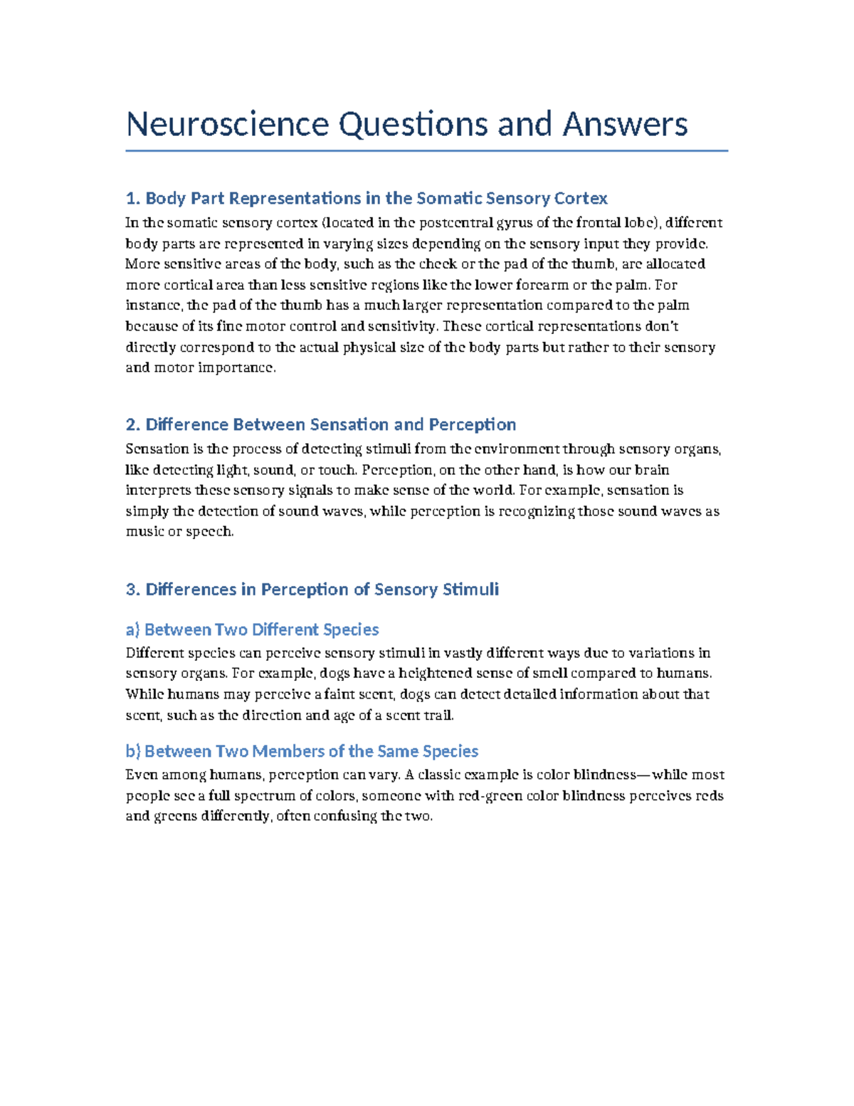 Neuroscience Questions and Answers - Body Part Representations in the ...
