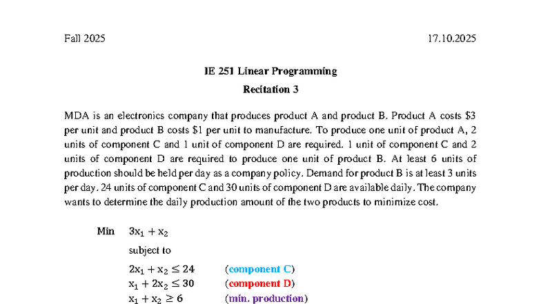 IE 251 Fall 2025 Linear Programming Recitation 3 Notes - Studocu