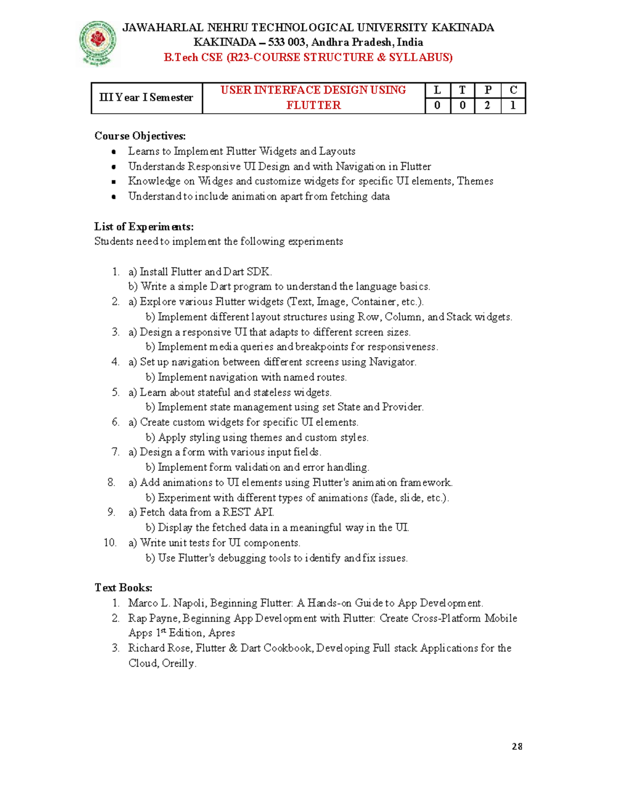 B.Tech CSE Year I Sem: Flutter UI Design Syllabus - Studocu