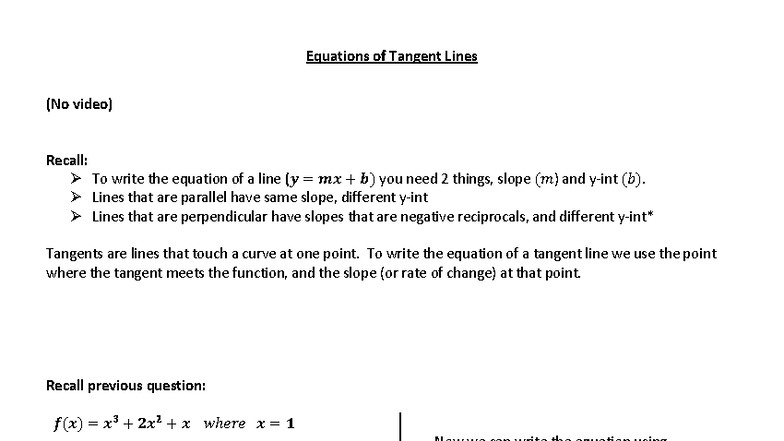 Lesson on Equations of Tangent Lines (MATH 101) - Studocu