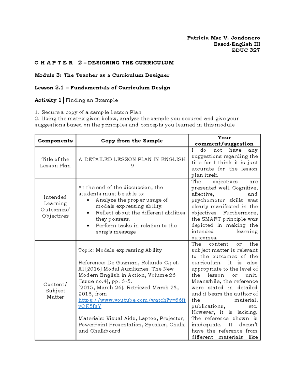 EDUC 327 The Teacher and The School Curriculum Document - Patricia Mae ...