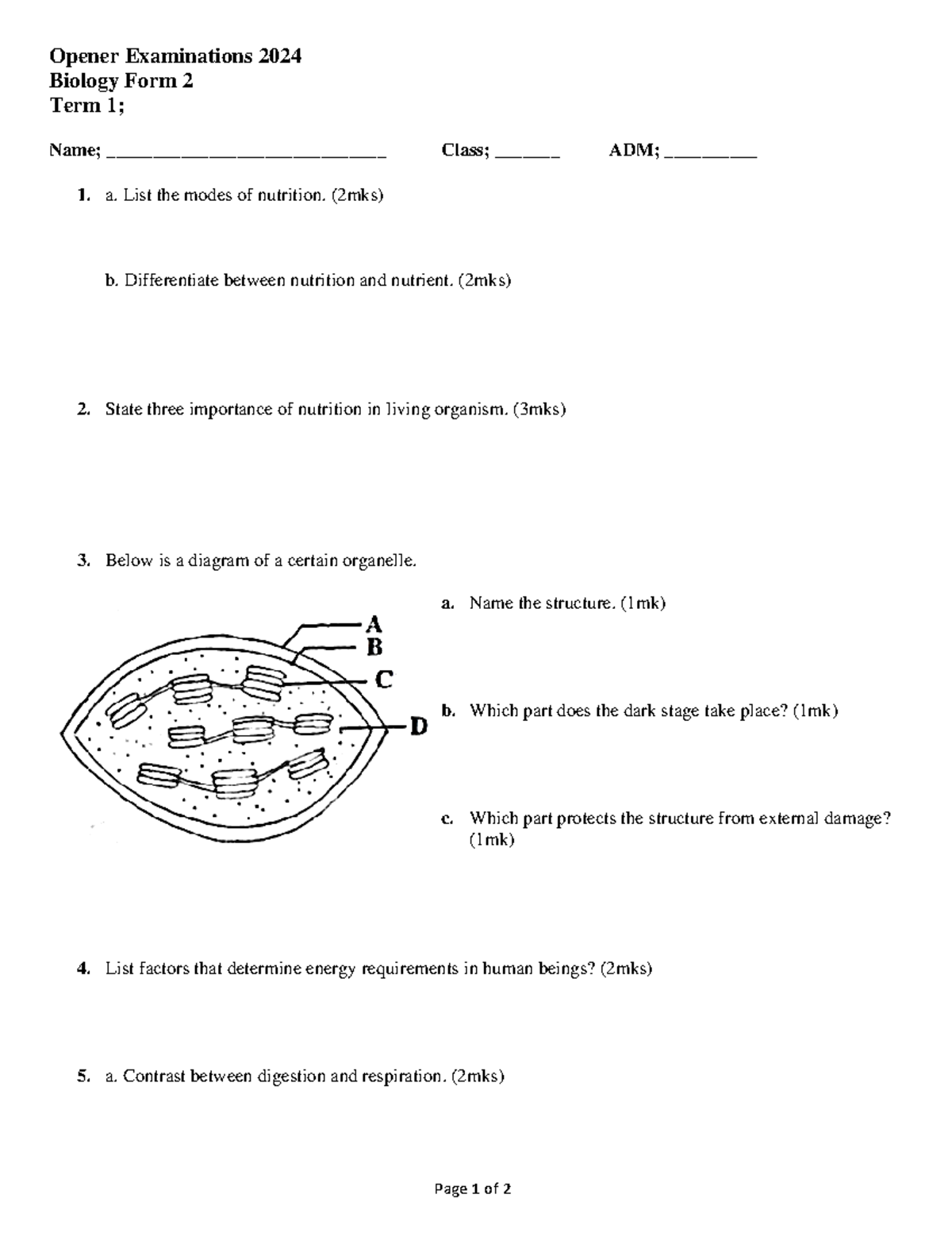 Biology Form 2 Term 1 Opener Examinations 2024 Notes - Studocu