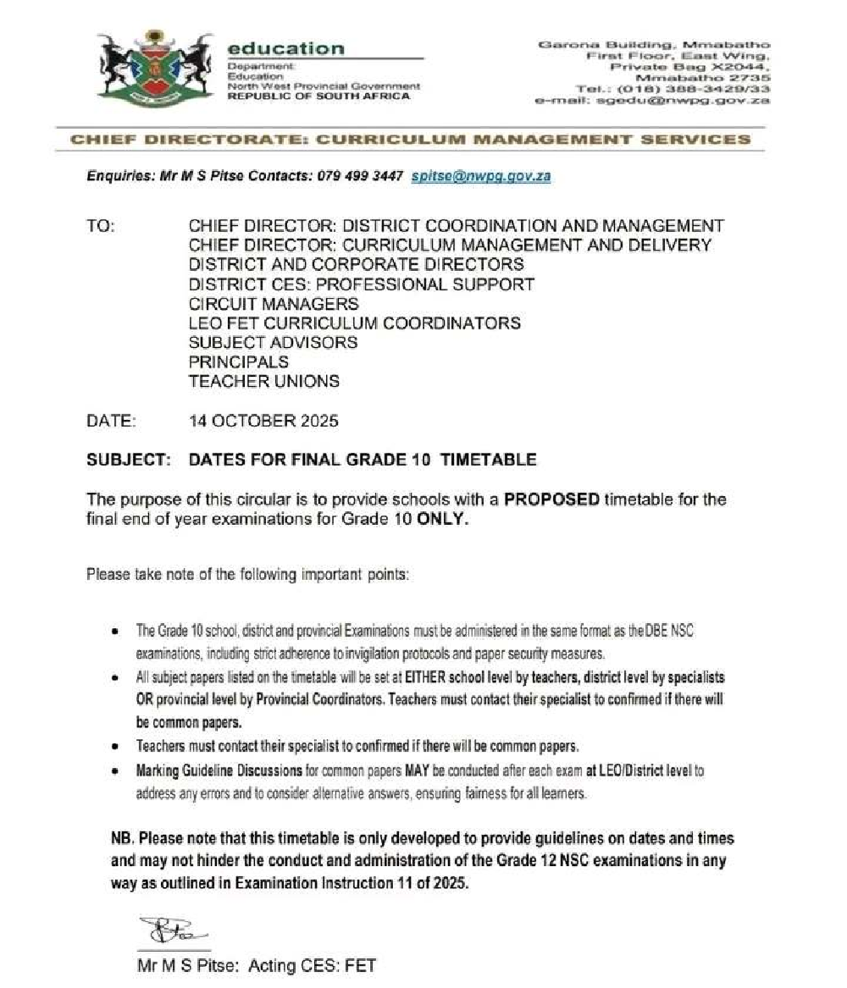 Grade 10 Final Exam Timetable - October 2025 - Studocu