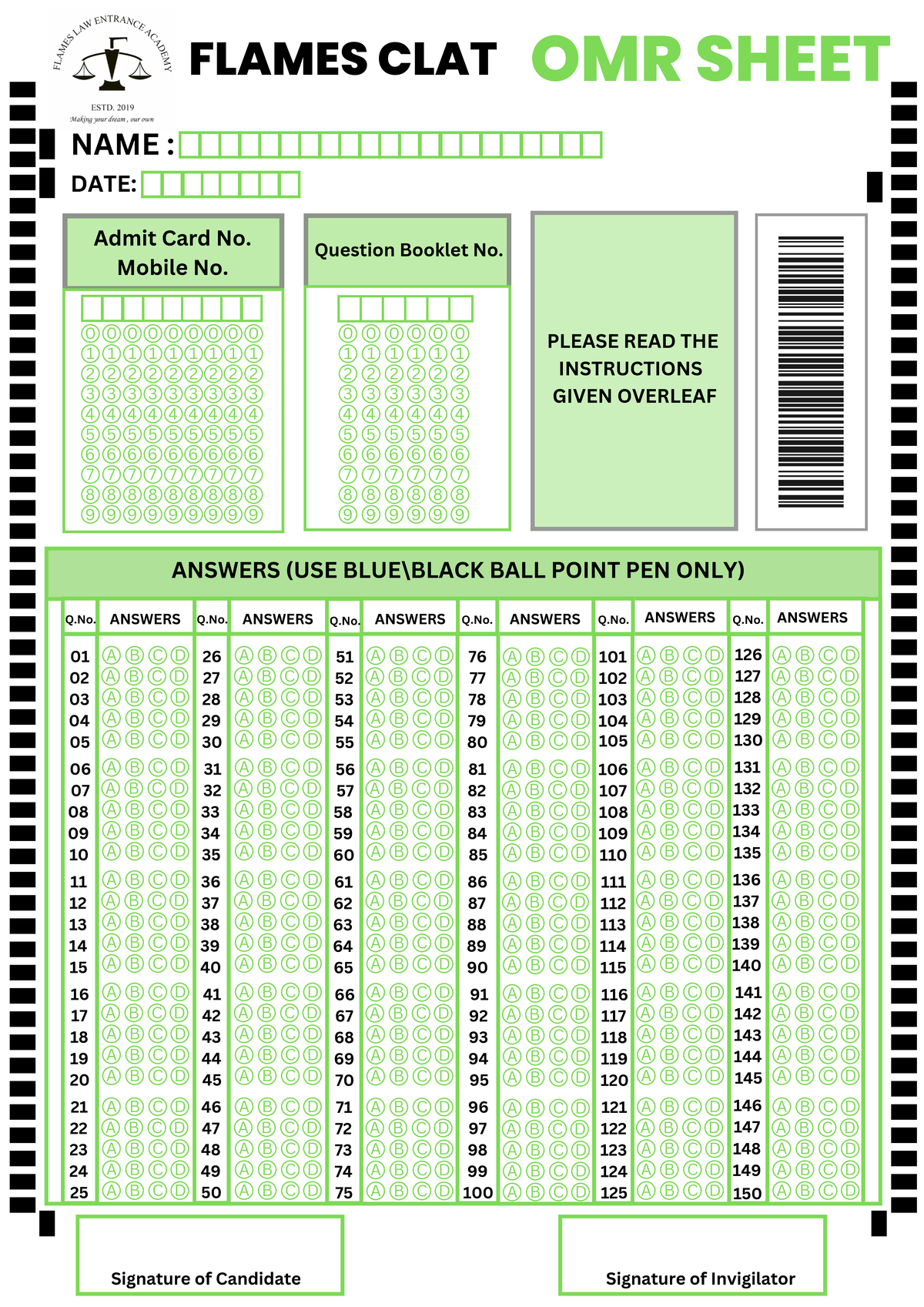 FLAMES CLAT OMR SHEET - Answer Sheet for Exam - Studocu