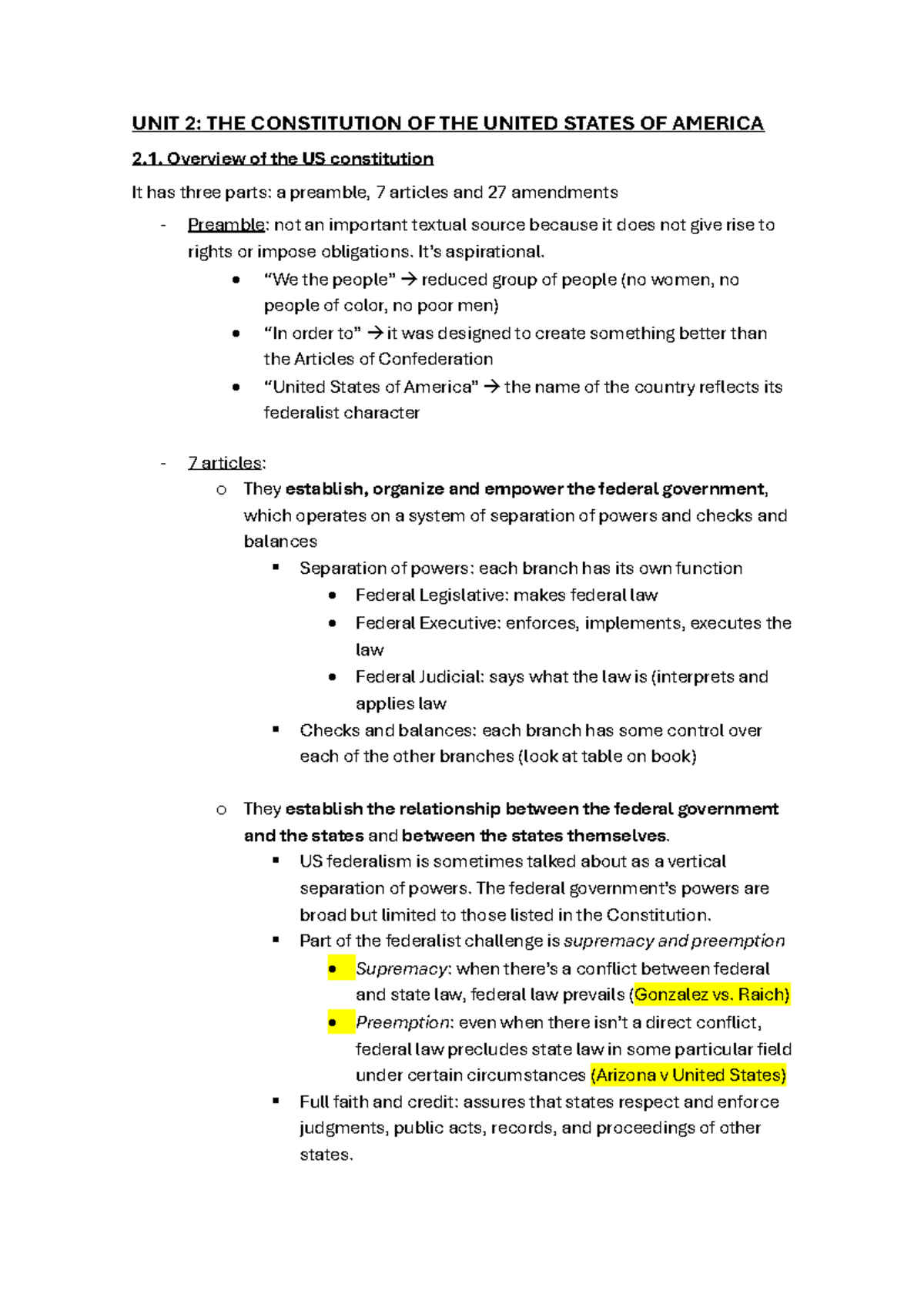 UNIT 2: OVERVIEW OF THE US CONSTITUTION AND ITS AMENDMENTS - Studocu