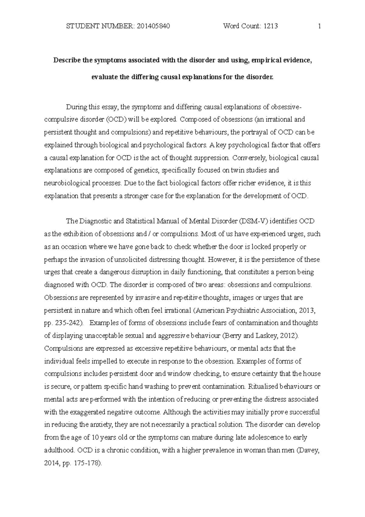 OCD (Obsessive-Compulsive Disorder) Causal Explanations Essay - Studocu