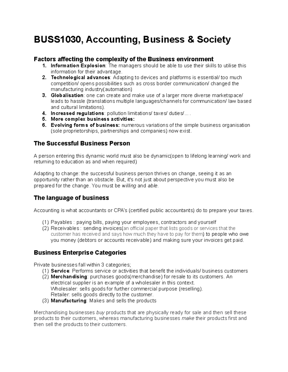 BUSS1030 - Notes - BUSS1030, Accounting, Business & Society Factors ...