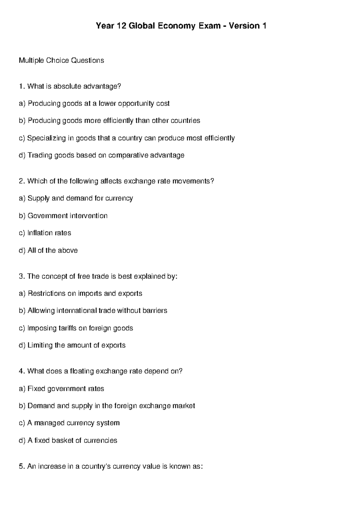 Year 12 Global Economy Exam Practice Questions - Sets 1 to 4 - Studocu