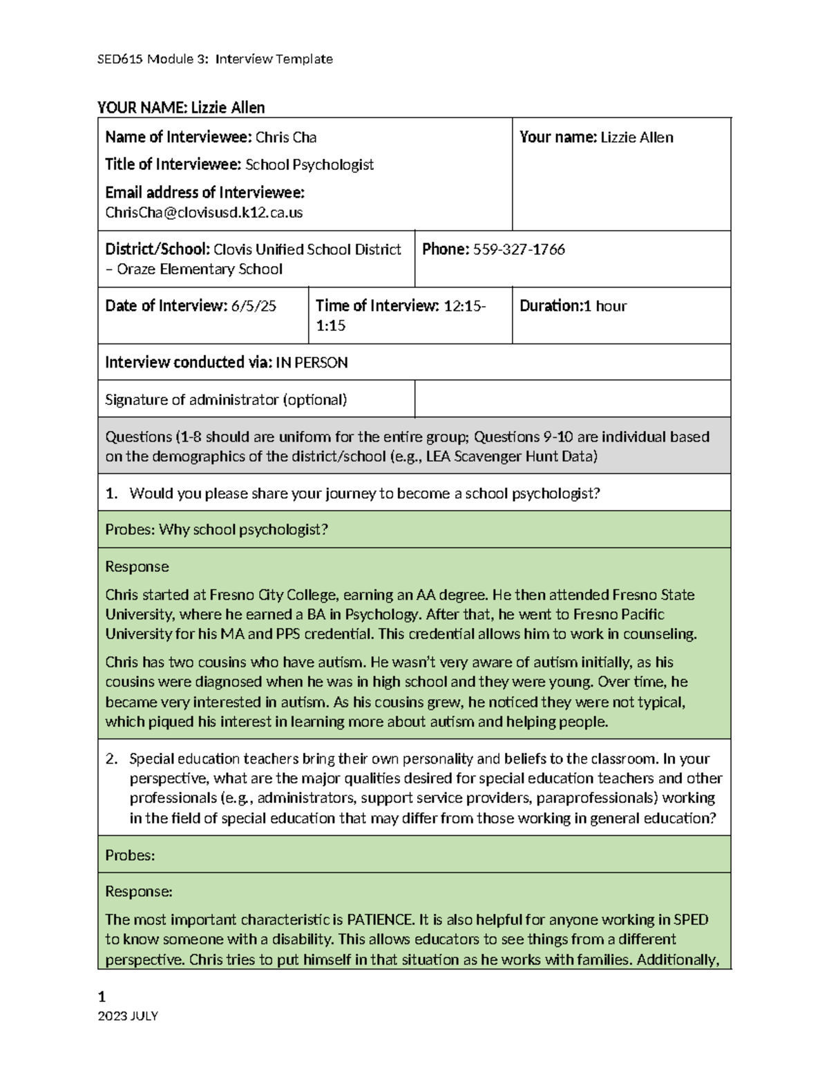 SED615 Module 3: Interview with School Psychologist Chris Cha - Studocu