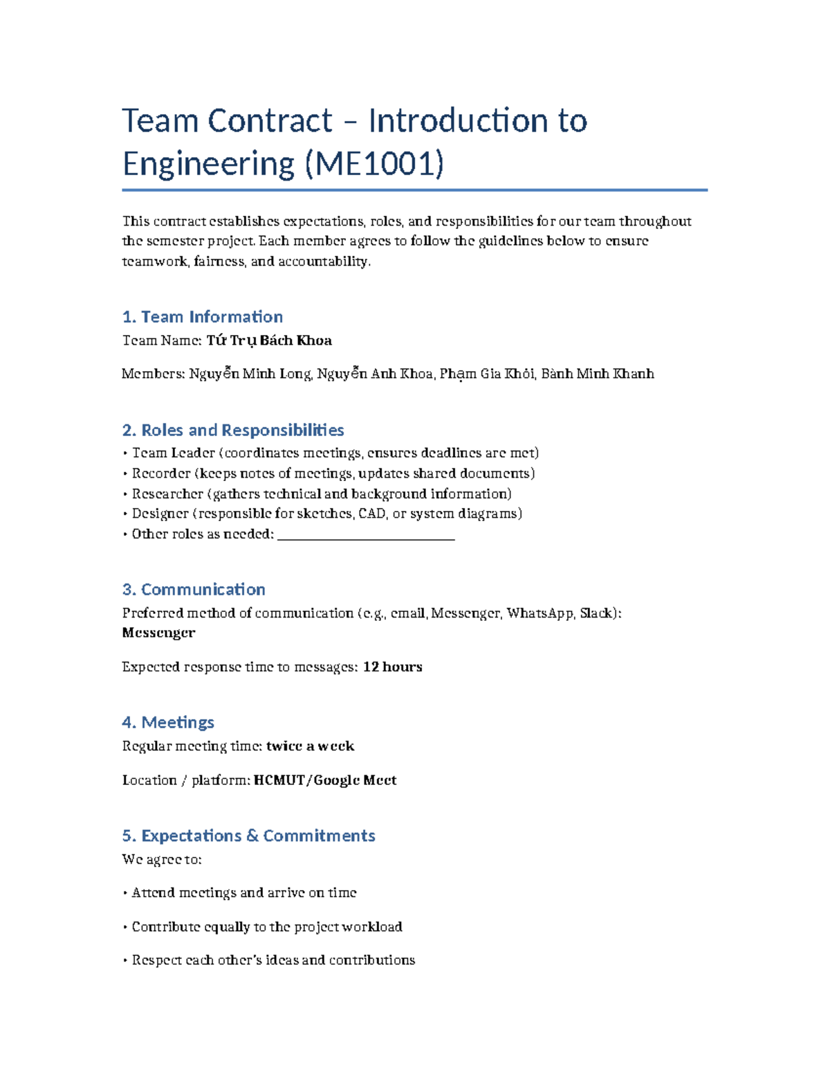 Team Contract Template for ME1001 Engineering Project - Studocu