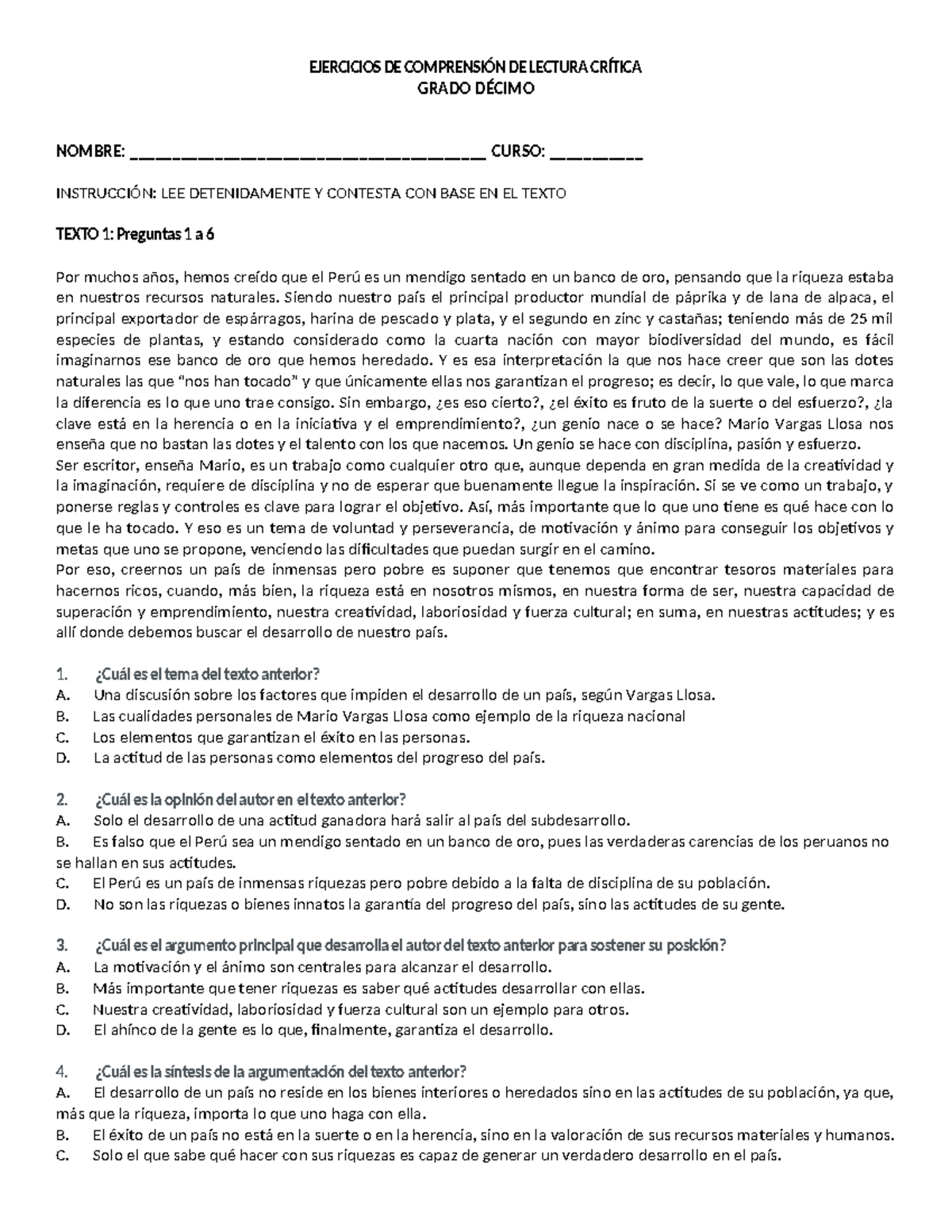 Ejercicios de Comprensión de Lectura Crítica - Grado Décimo - Studocu