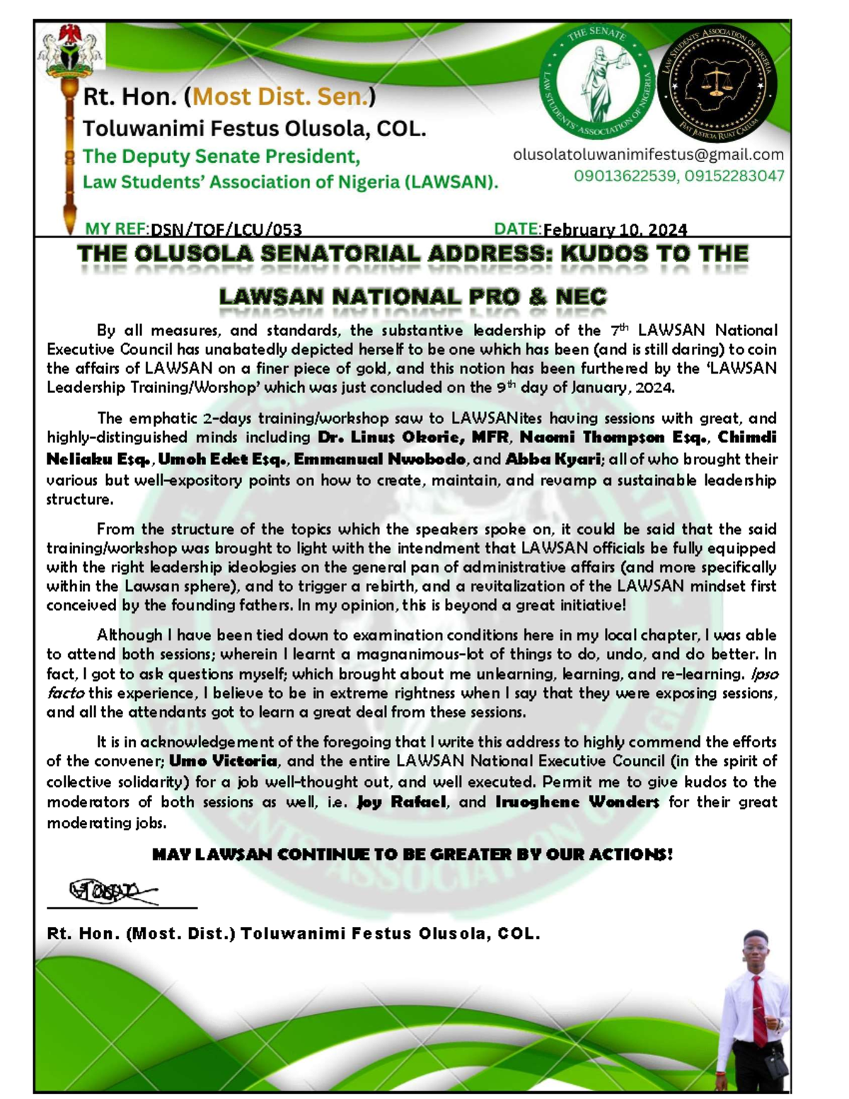 Address ( Kudos) TO Lawsan PRO & NEC - By all measures, and standards ...