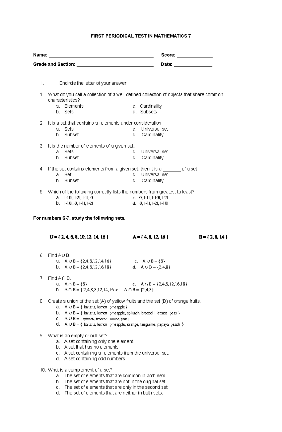 First Periodical TEST IN Mathematics 7 - FIRST PERIODICAL TEST IN ...