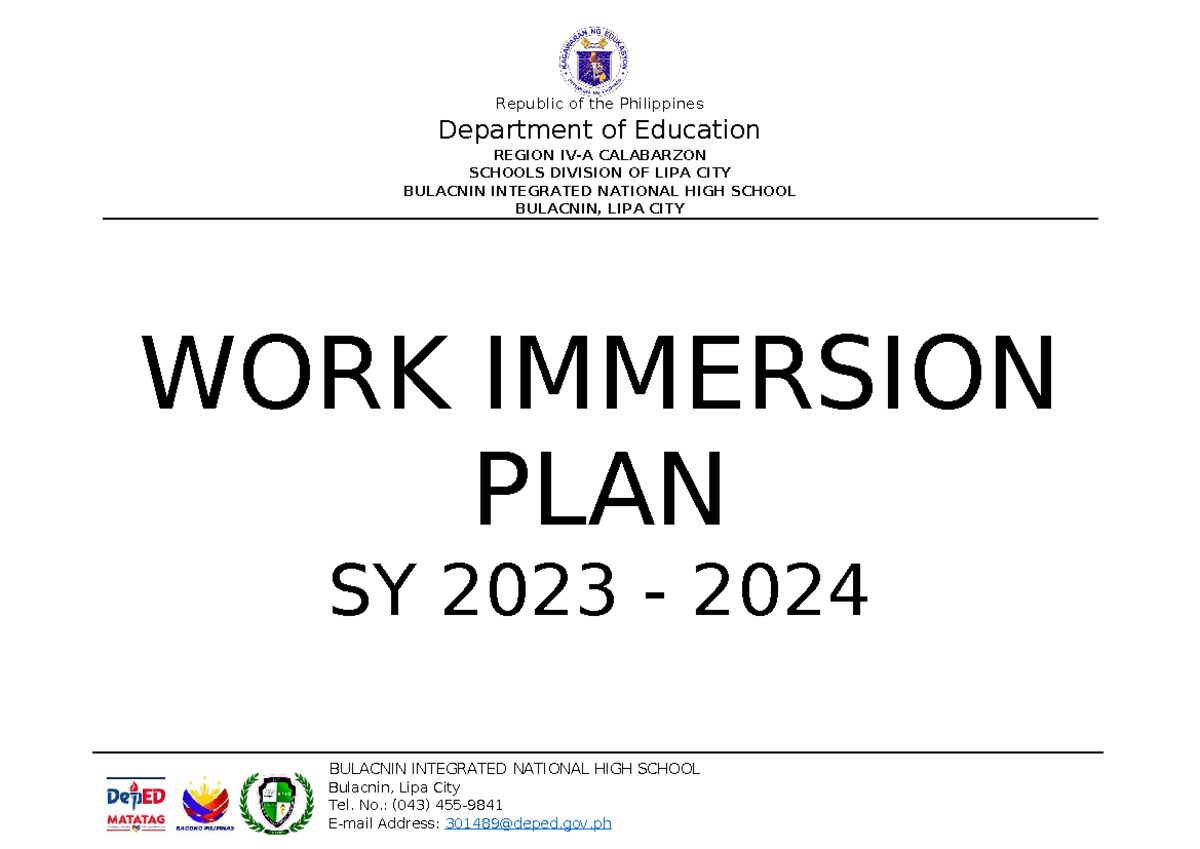 Work Immersion Plan 2023-2024 - Department of Education REGION IV-A ...