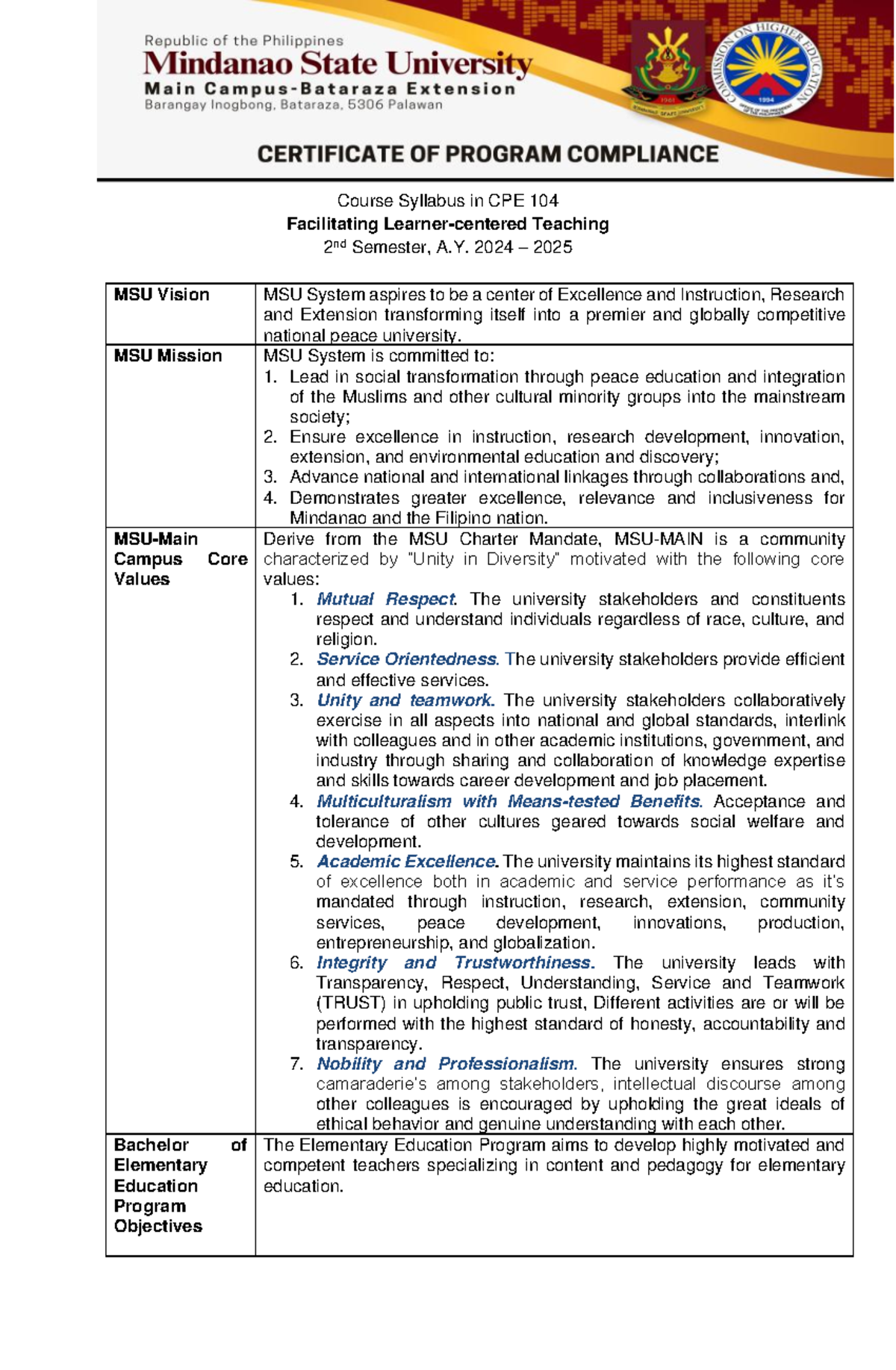 CPE 104 Syllabus: Facilitating Learner-Centered Teaching (A.Y. 2024-2025) - Studocu
