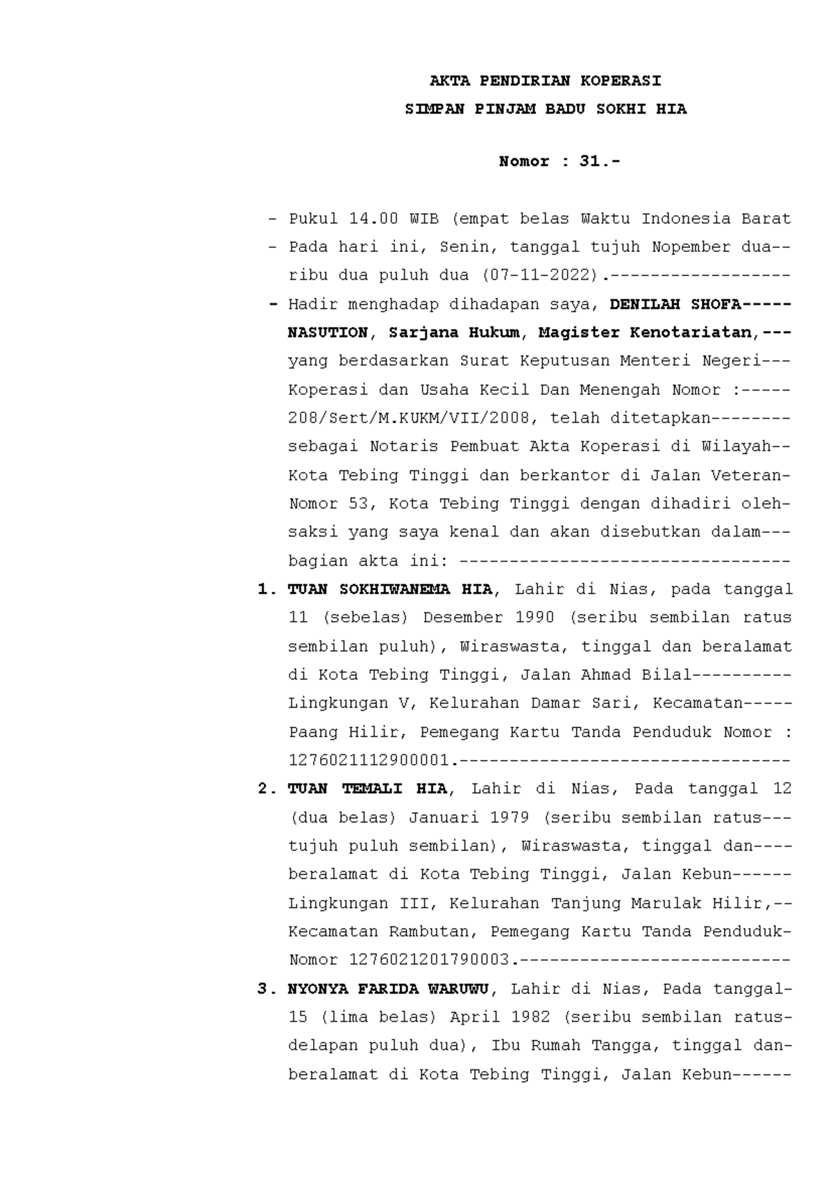 Akta Pendirian Koperasi Simpan Pinjam BADU SOKHI HIA - Studocu