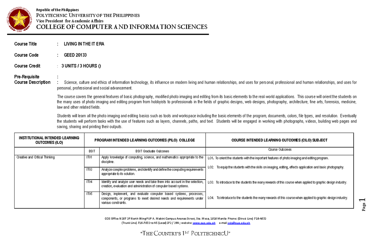 Living in the IT Era Syllabus GEED 20133 - PUP CCIS - Studocu