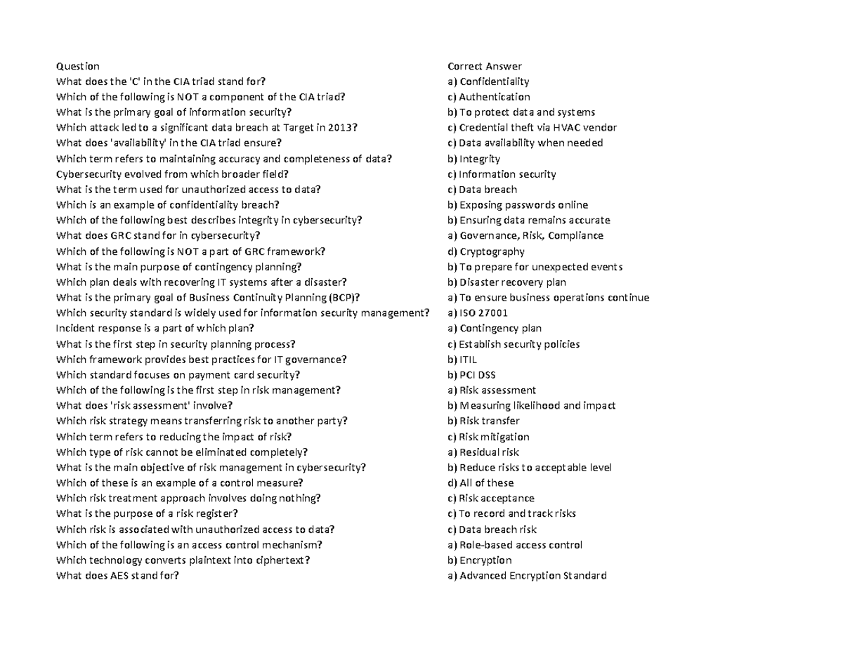 Cyber Security MCQ - CIA Triad & Risk Management Concepts - Studocu