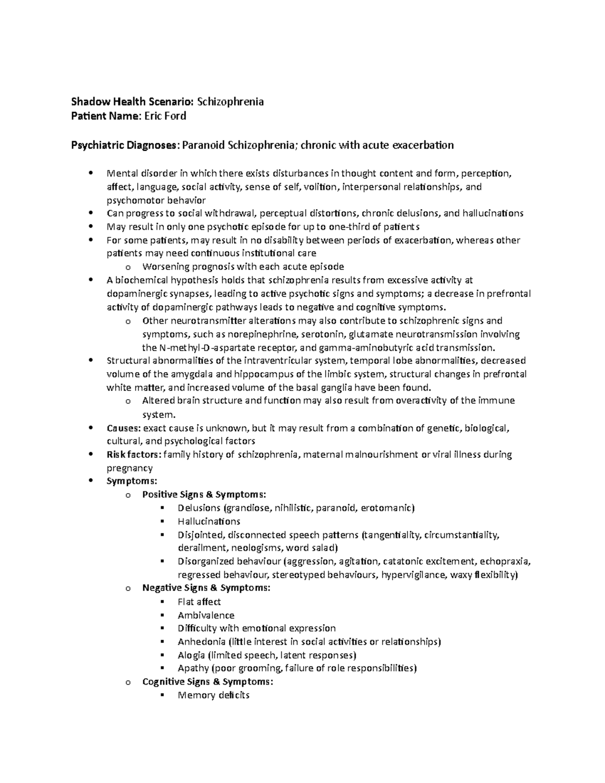 Schizophrenia Patient Case Study - Shadow Health Scenario Analysis ...