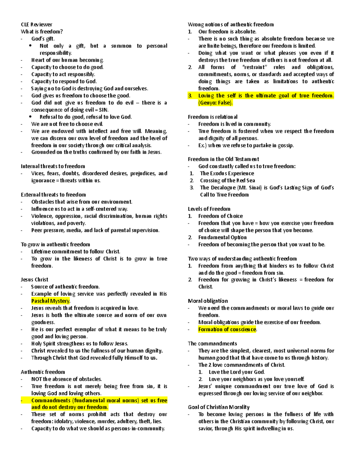 CLE Reviewer: Understanding Authentic Freedom and Conscience in Grade ...