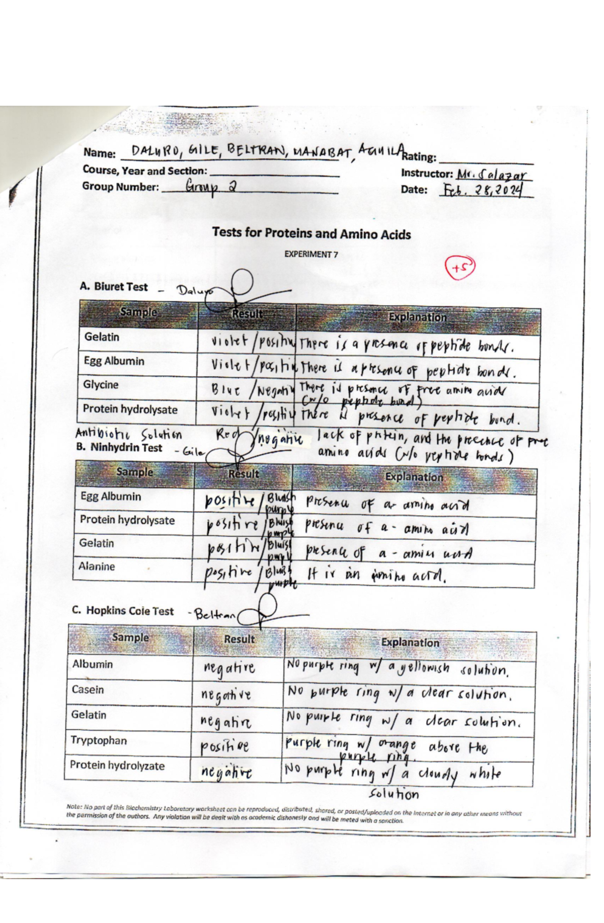 Group 2 Experiment 7- Biochem-LAB - Biochemistry - C. HOPKINS COLE TEST ...