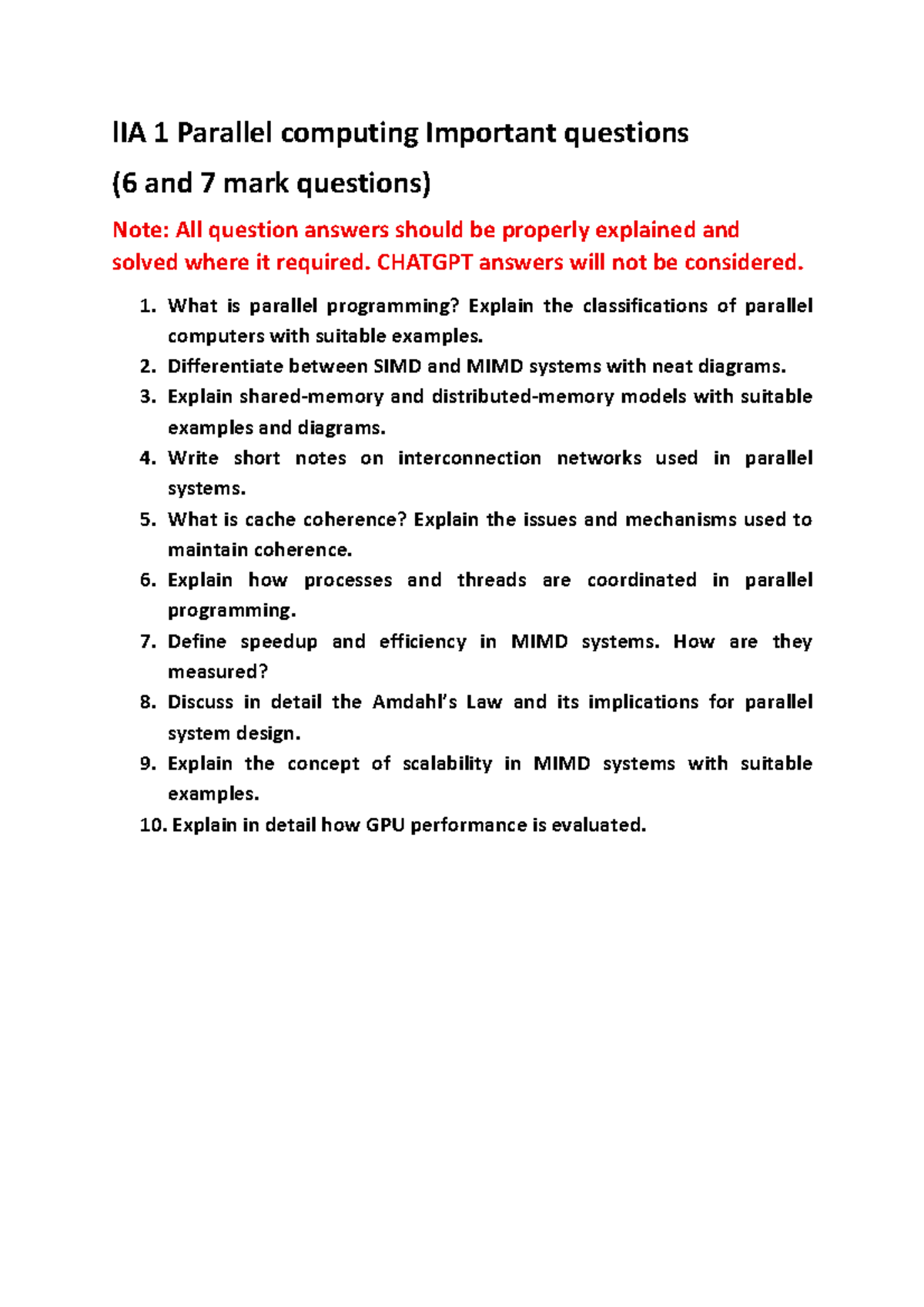 IA 1 Parallel Computing: Key Questions & Explanations (6-7 Marks) - Studocu