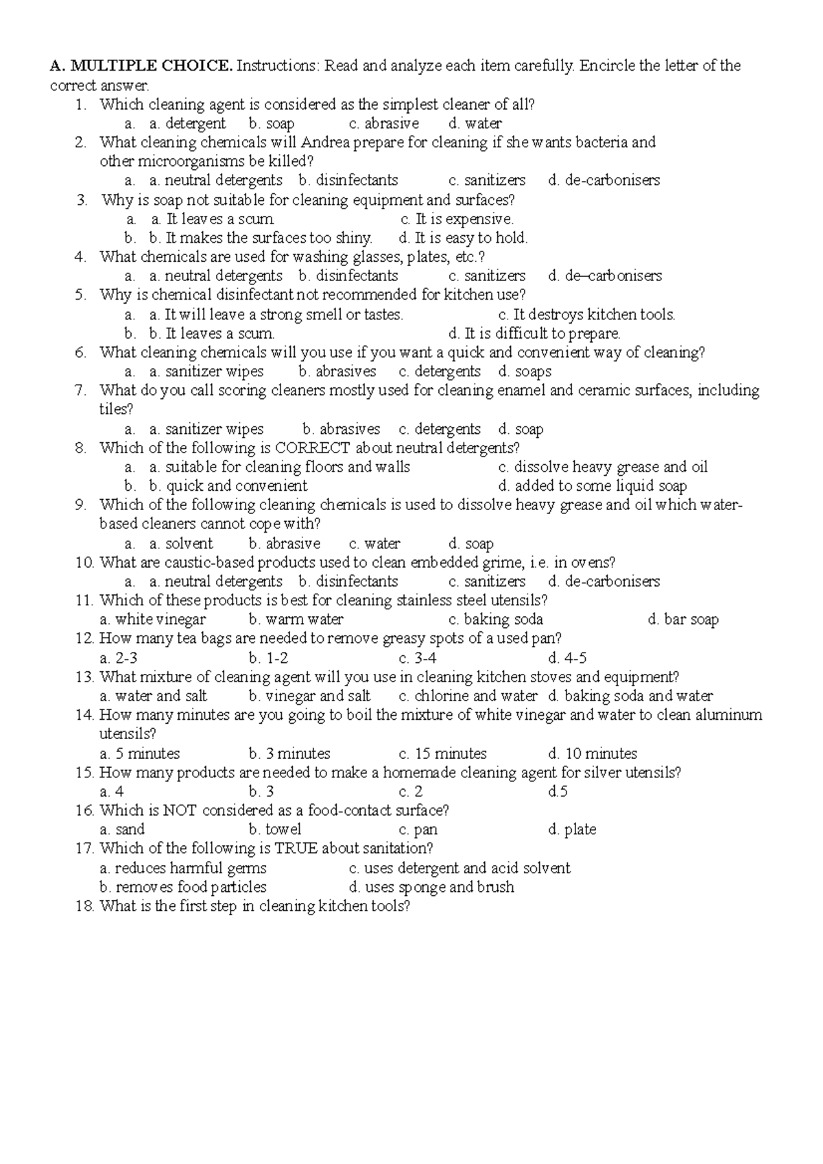 Cookery-9-first-quarter-exam - A. MULTIPLE CHOICE. Instructions: Read and analyze each item ...