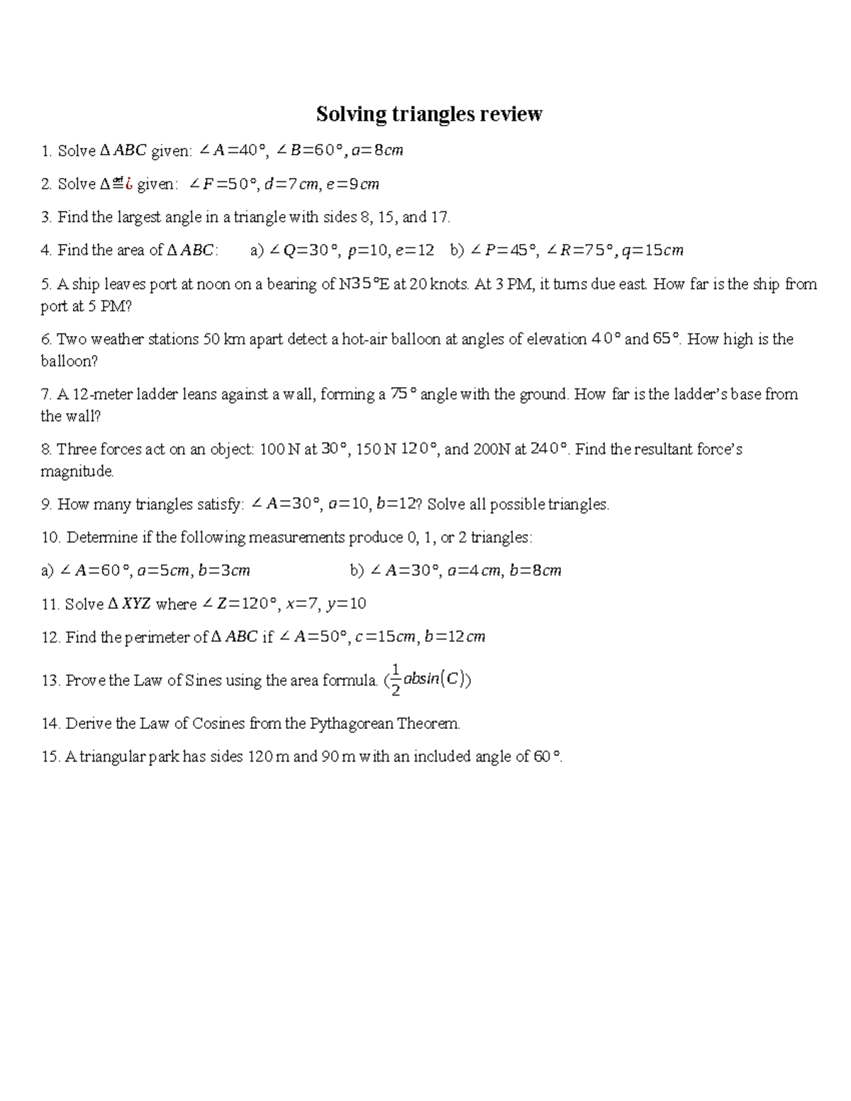 Solving Triangles Review: Key Concepts and Problem Solutions - Studocu