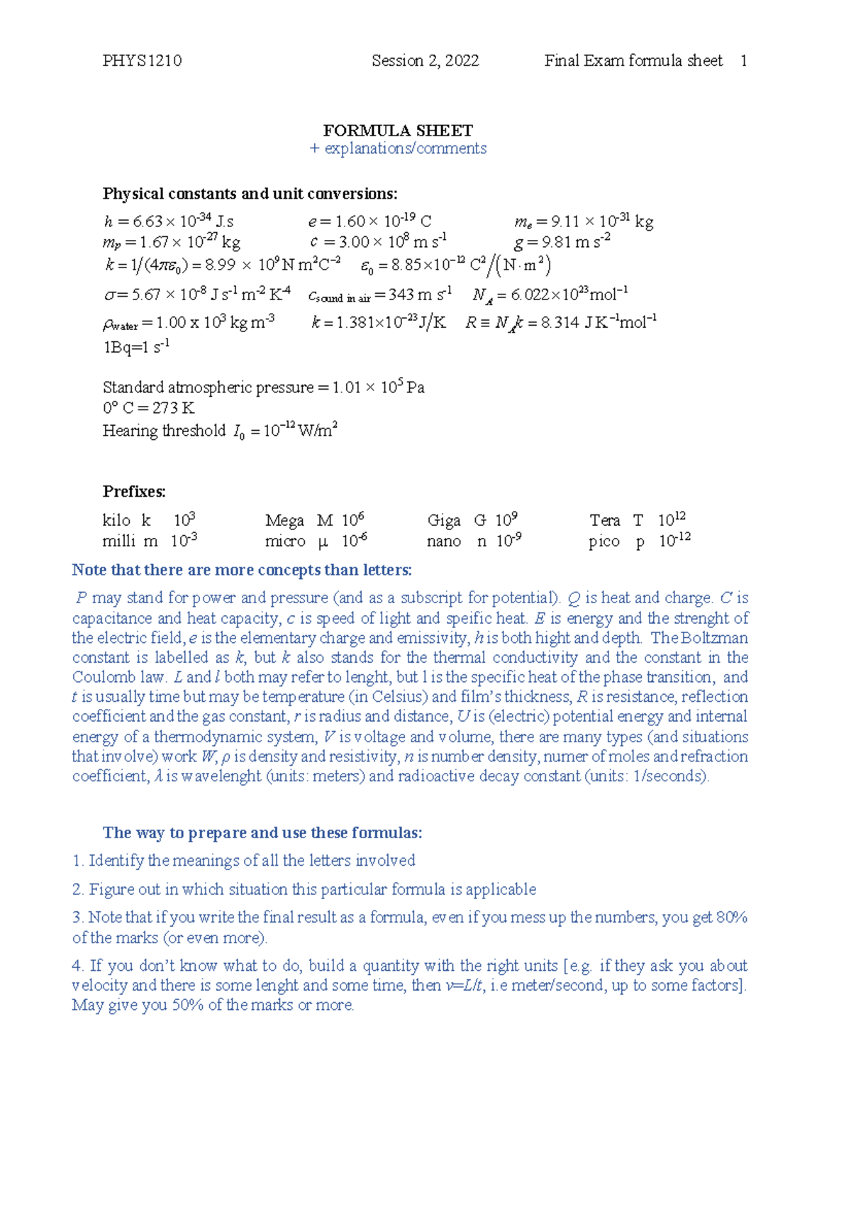Annotated Formula Sheet - PHYS1210 Session 2, 2022 Final Exam formula sheet 1 FORMULA SHEET ...