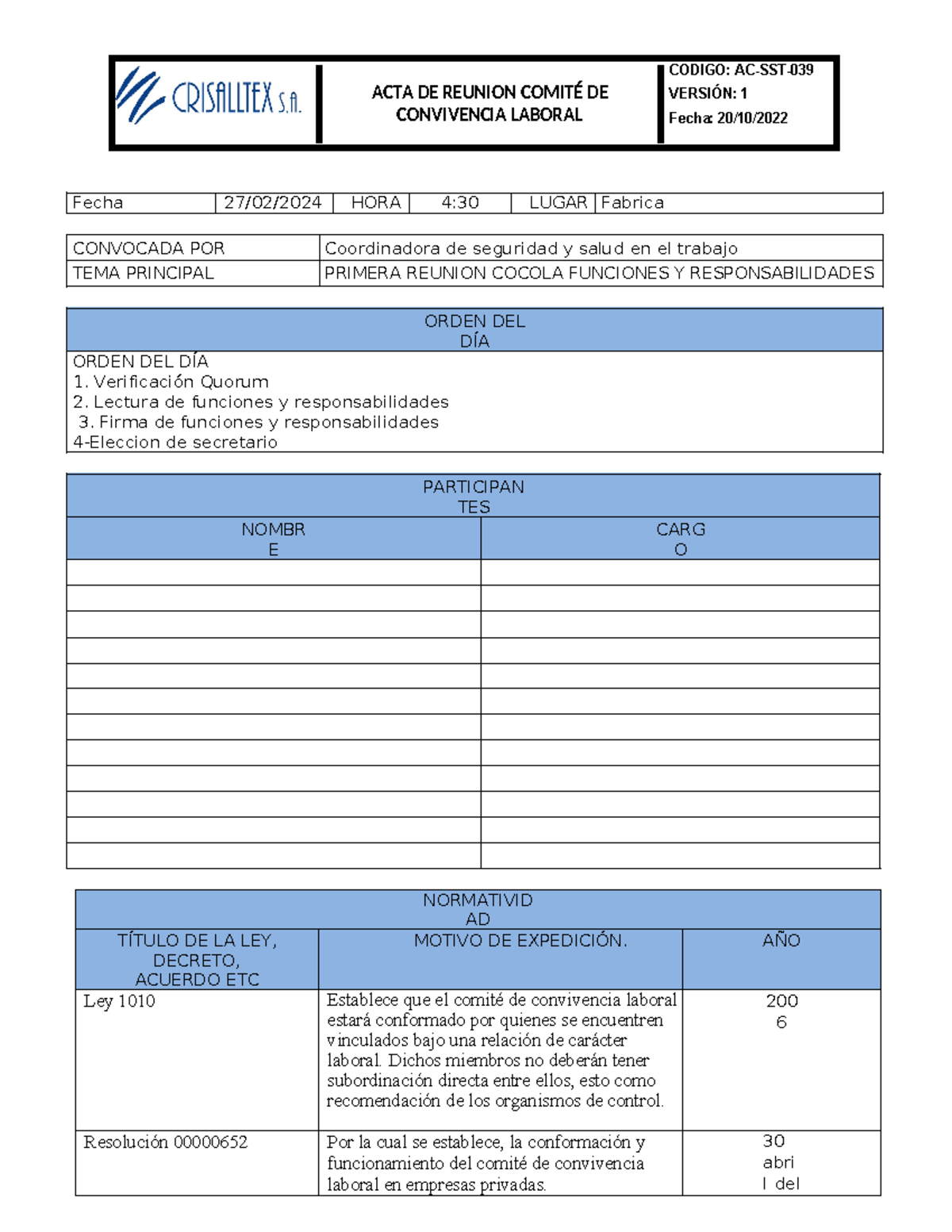 ACTA DE REUNIÓN DEL COMITÉ DE CONVIVENCIA LABORAL AC-SST- 2024 - Studocu