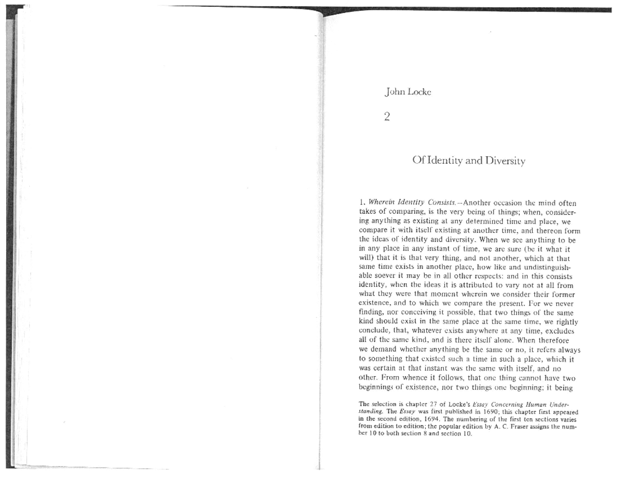John Locke: Of Identity and Diversity - Chapter 27 Analysis (PHIL 101 ...