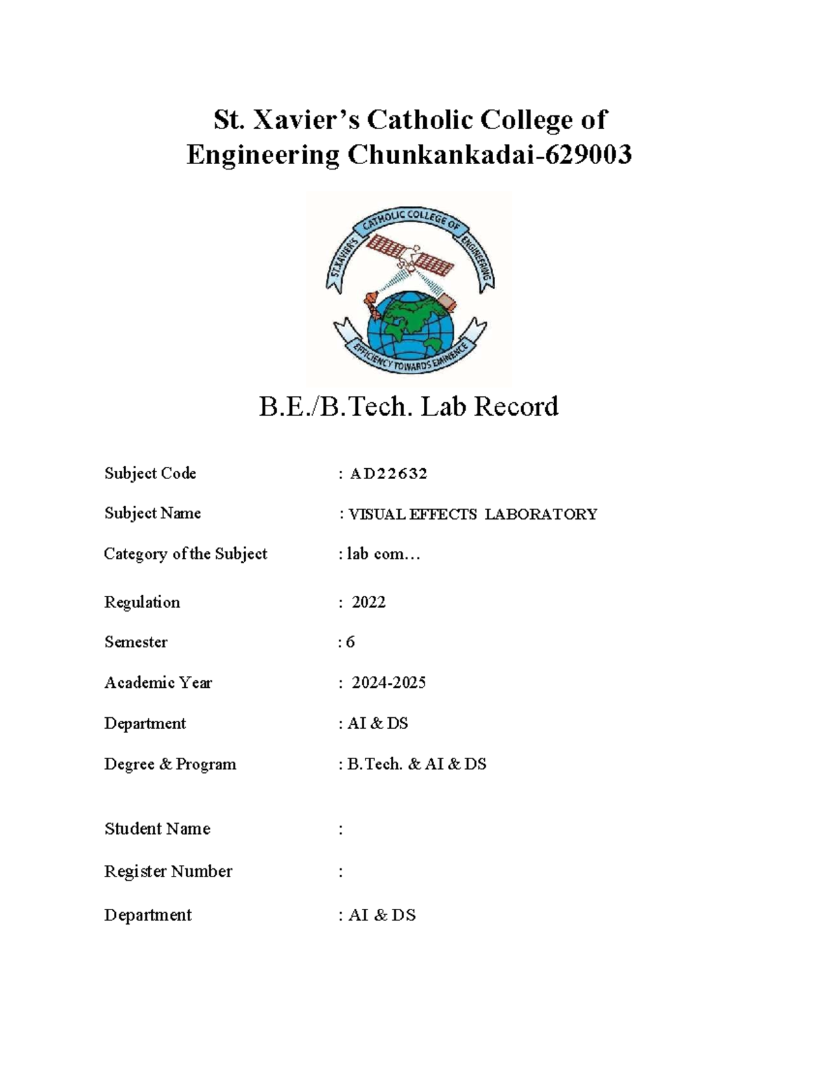 AD22632 - Visual Effects Laboratory Lab Record - Experiment 1 - Studocu
