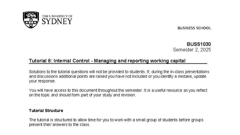 BUSS1030 Semester 2, 2025 Tutorial 8: Internal Control & Working ...