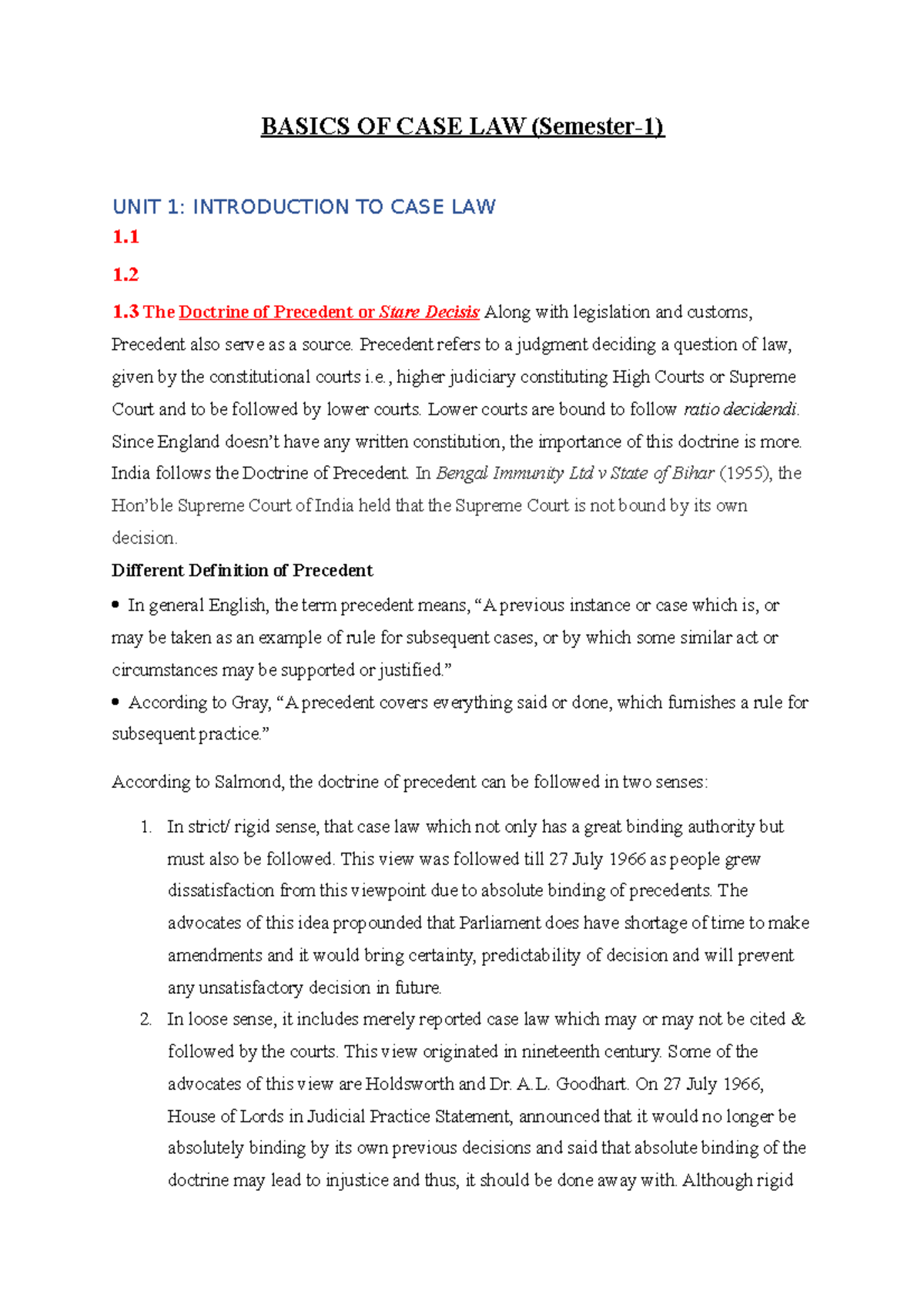 Basics OF CASE LAW - Notes of Case Laws - BASICS OF CASE LAW (Semester ...