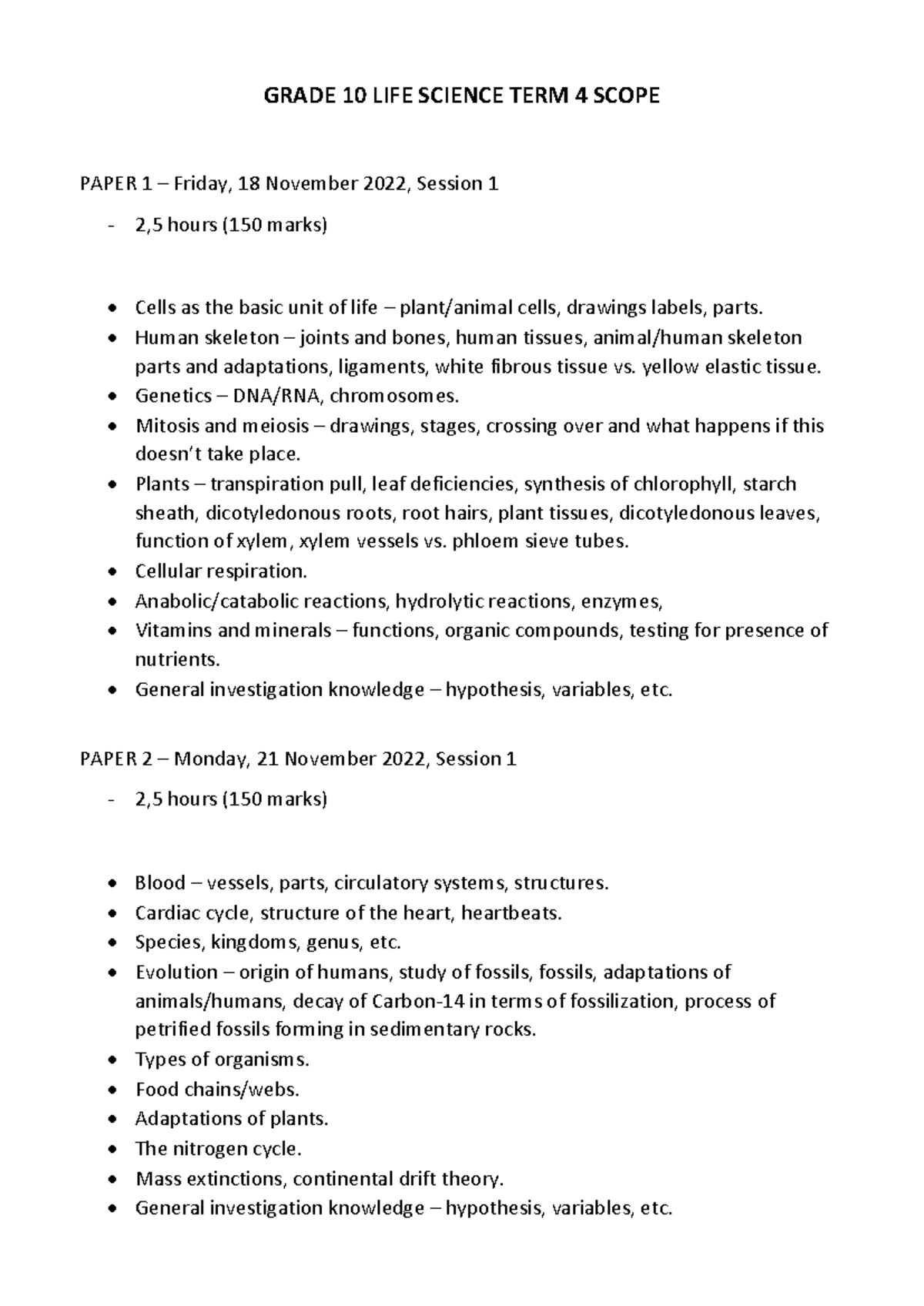 Grade 10 Life Science Term 4 Exam Scope: Cells, Genetics & Evolution ...