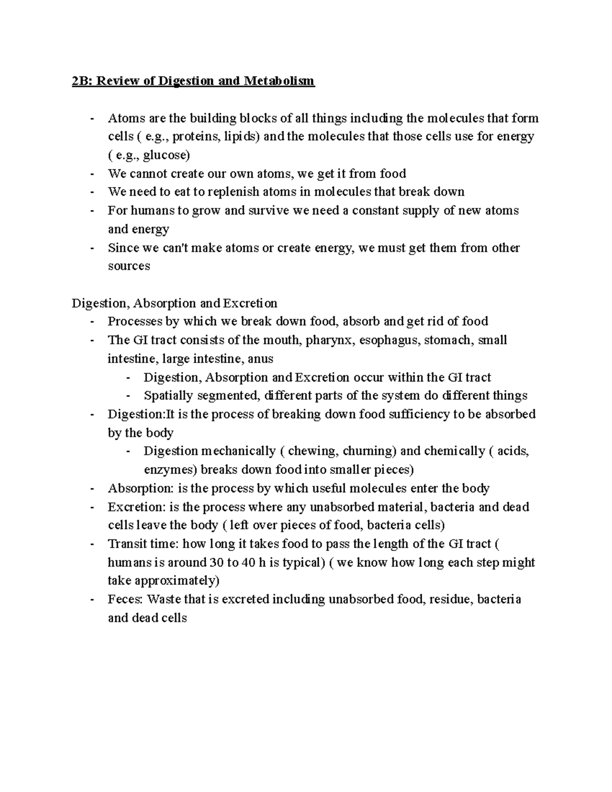 2B: Comprehensive Review of Digestion and Metabolism Notes - Studocu