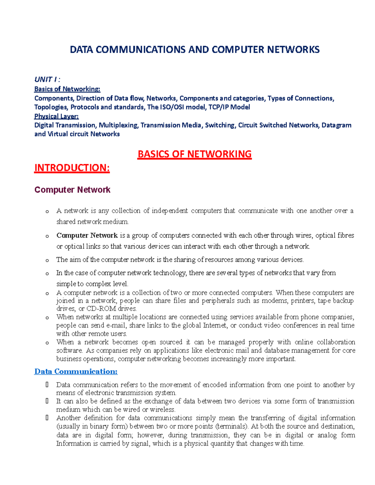 UNIT-1 DDCN notes - DATA COMMUNICATIONS AND COMPUTER NETWORKS UNIT I ...