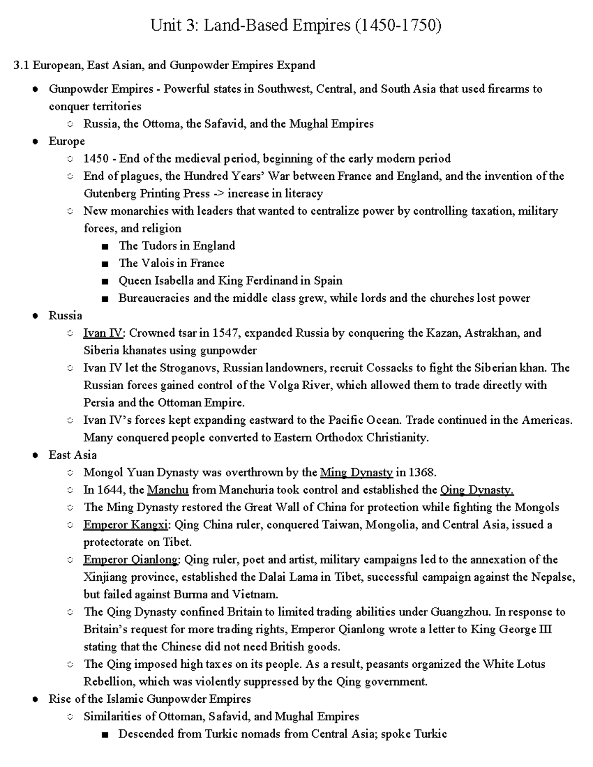 Unit 3 Review: Land-Based Empires in AP World History - 1450 to 1750 ...