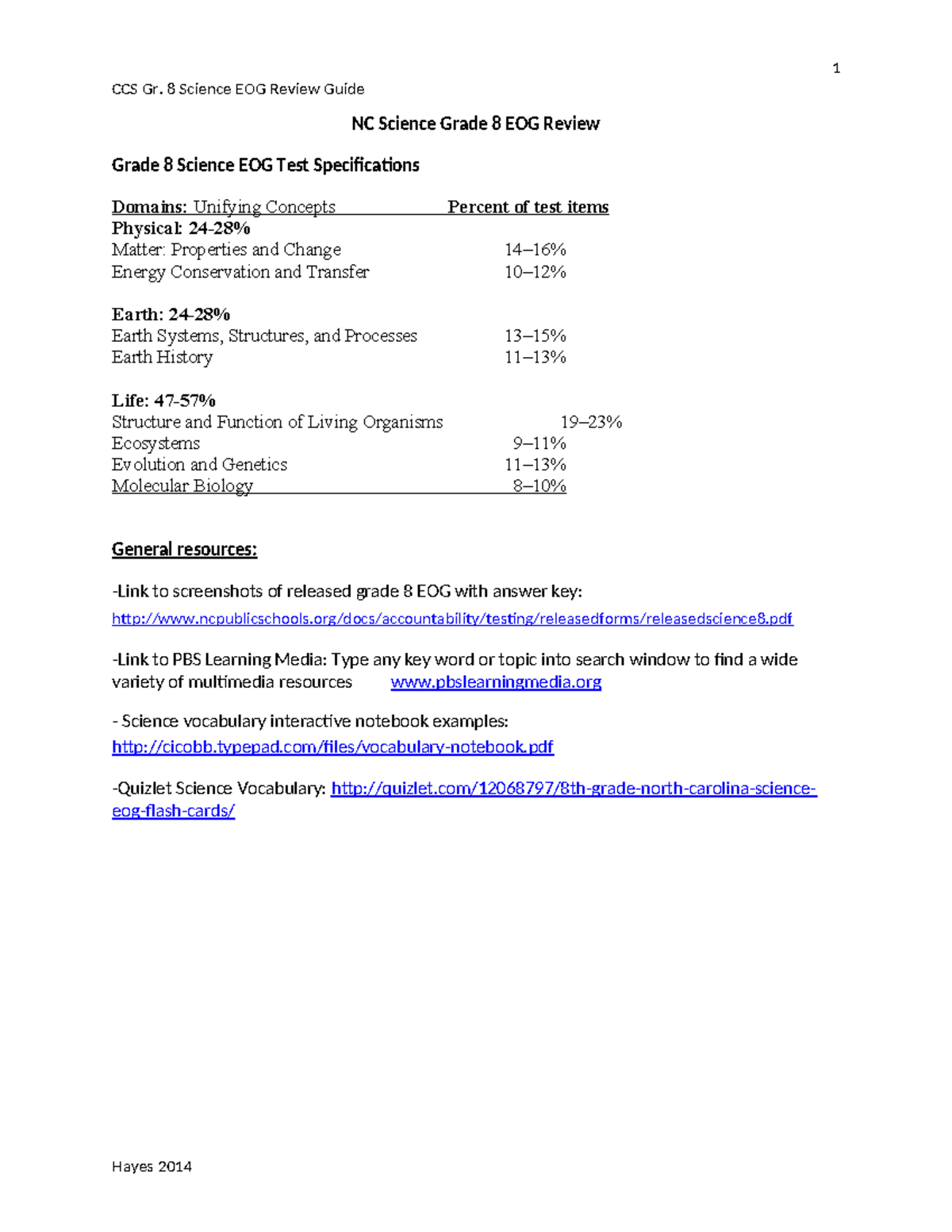 CCS Gr. 8 Science EOG Review Guide - April 2014 Exam Preparation - Studocu