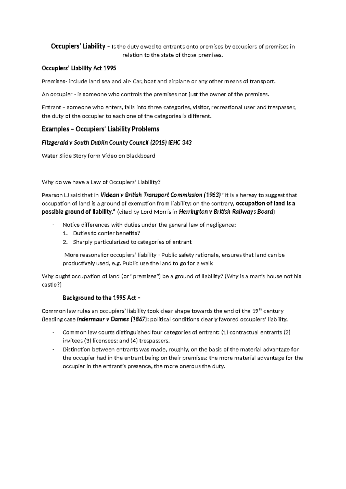 Occupiers’ Liability Overview and Analysis - Law 101 Final Exam - Studocu