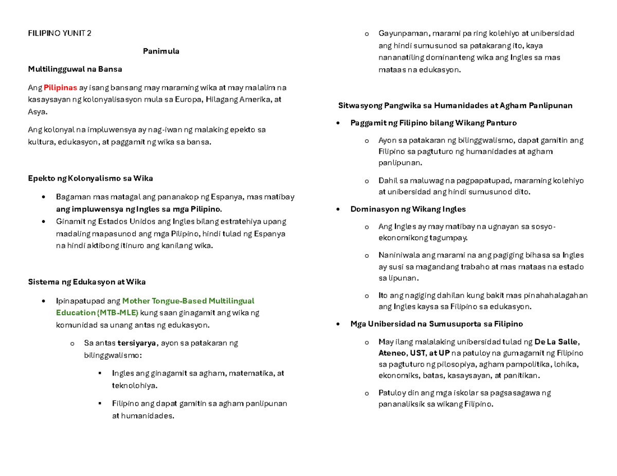 Yunit 2 Filipino reviewer - FILIPINO YUNIT 2 Panimula Multilingguwal na Bansa Ang Pilipinas ay ...