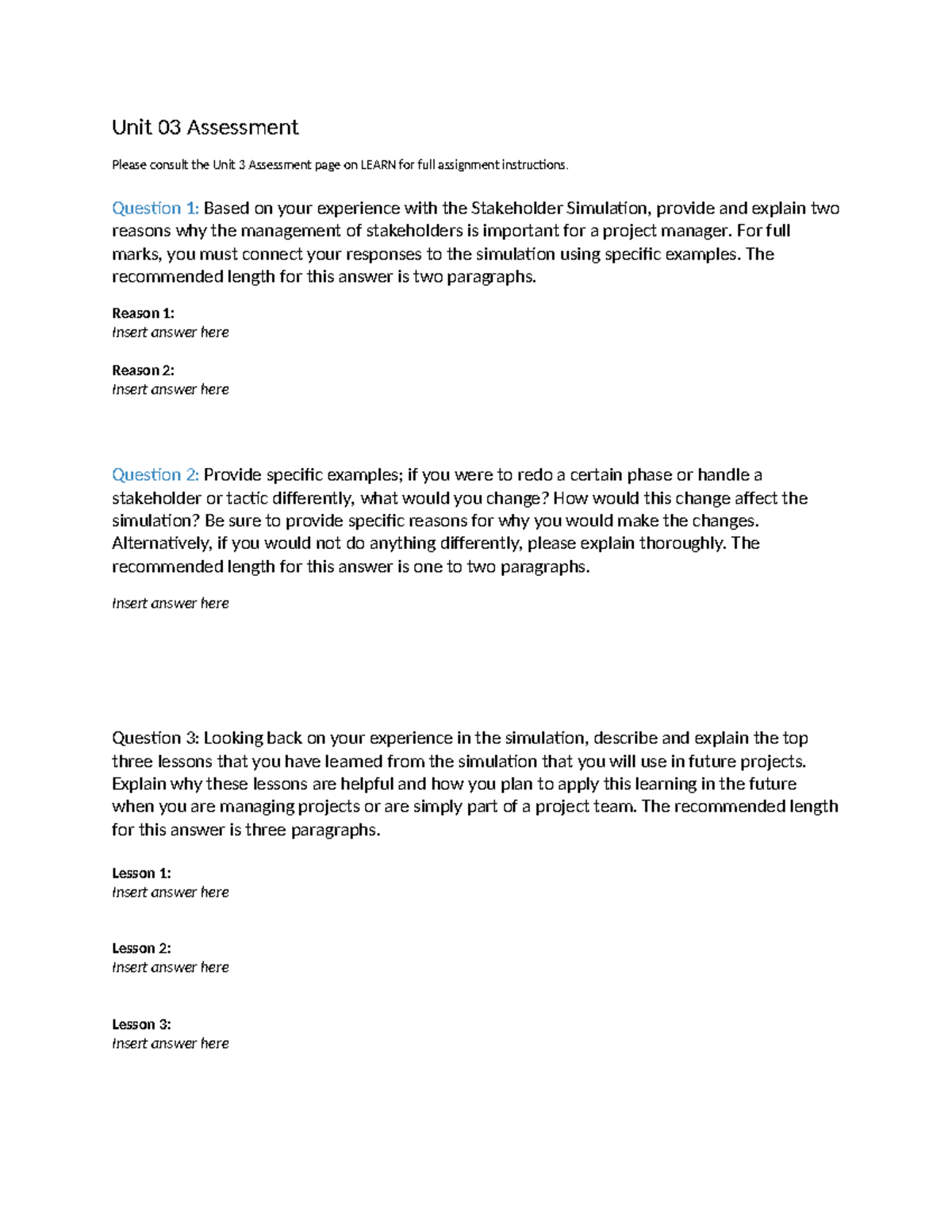 U3 Assessment: Stakeholder Management Insights and Lessons - Studocu