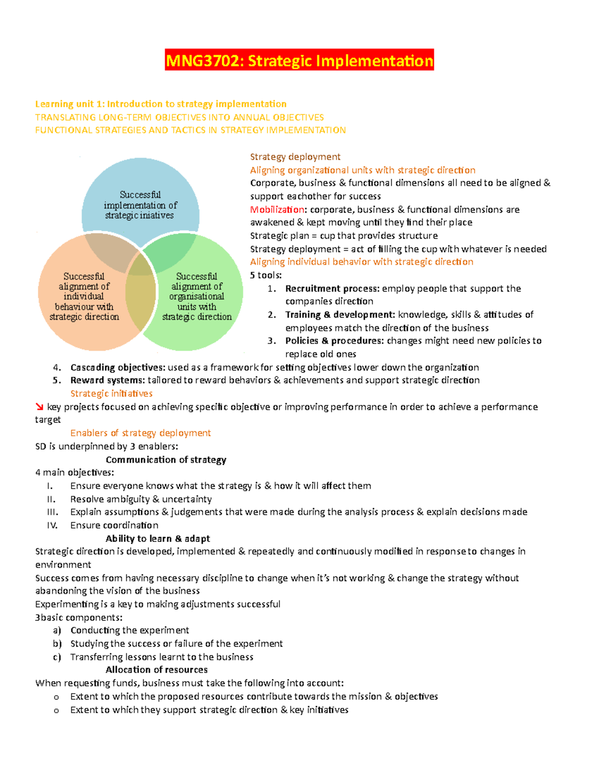 MNG3702: Comprehensive Notes on Strategic Implementation Principles ...
